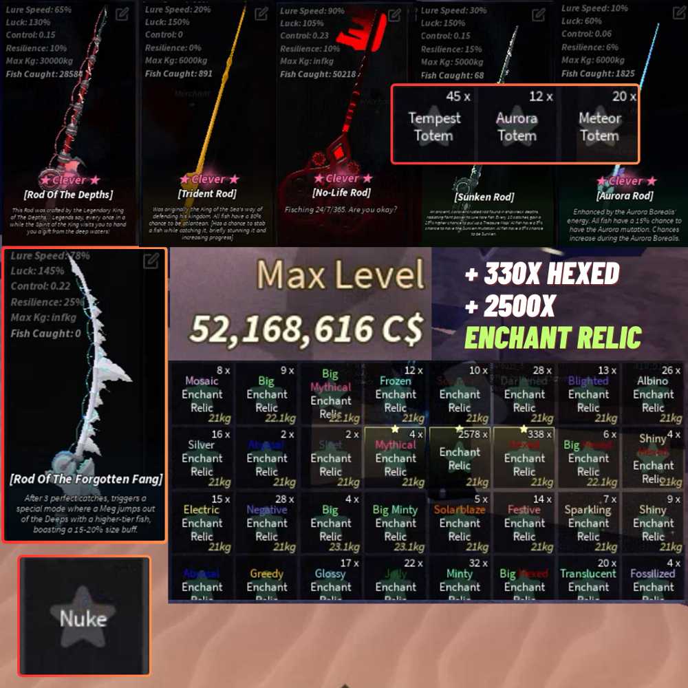 [Fisch] ID163: Level 750 Max 52M3 C$ - 12x Aurora Totem, 330x Hexed ...