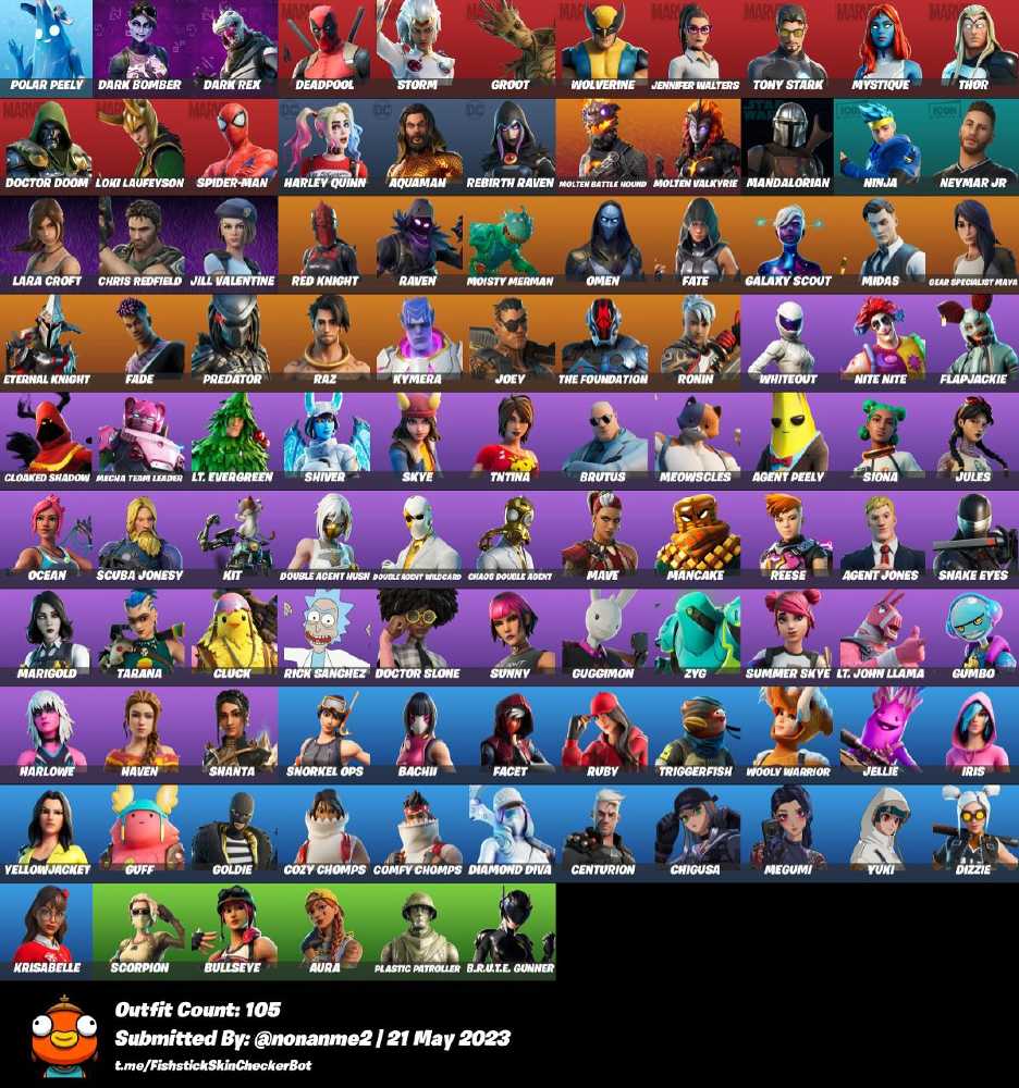 [PC] 105 skins, raven, dark bomber, harley quinn, red knight, ninja ...