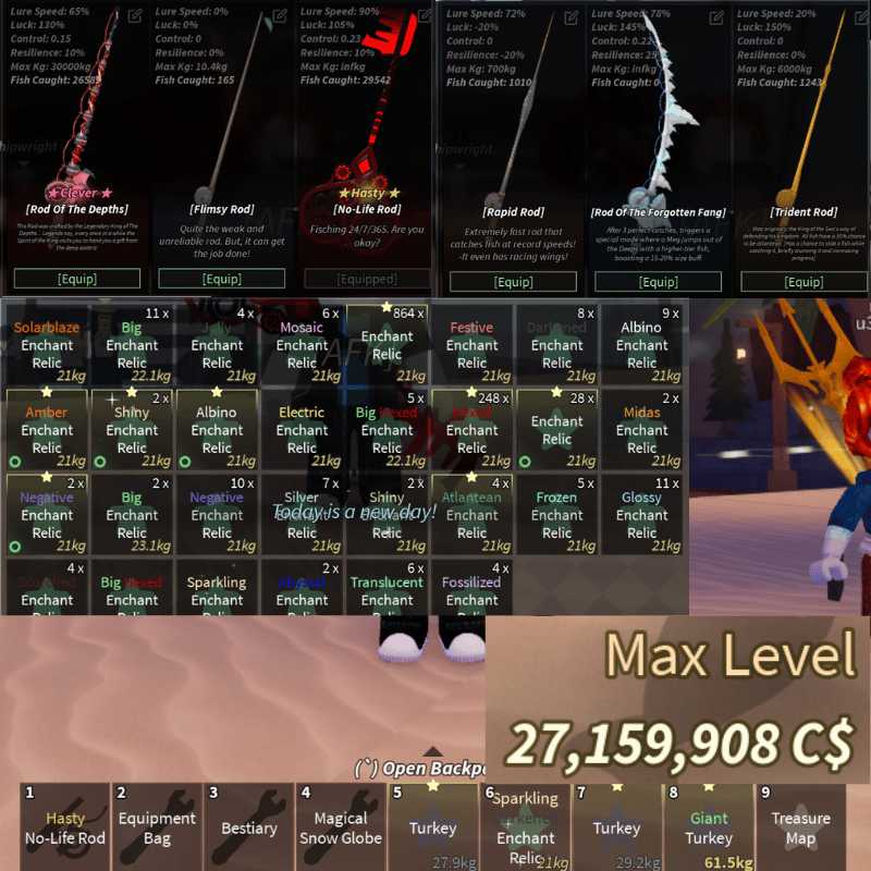 SALEID423Fisch: Level 750 Max 27M C$ X2 Exp - 250x Hexed Relic - Rod of ...