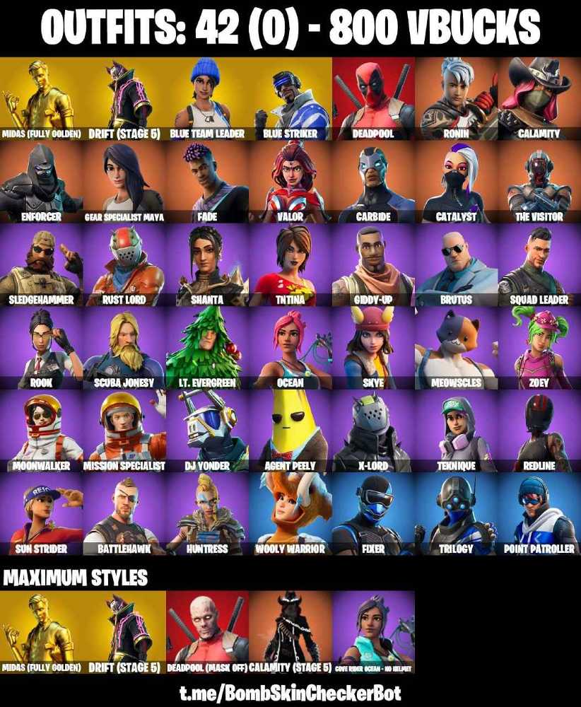 42 SKINS - TAKE THE L - RAGE - DEADPOOL - DRIFT MAXED - GOLDEN MIDAS ...