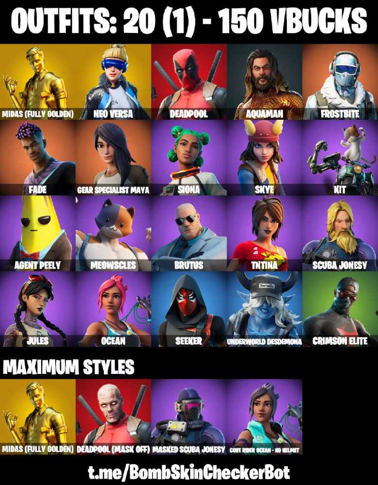 NEO VERSA+GOLD MIDAS+DEADPOOL+AQUAMAN+FROSTBITE+FADE+MEOWSCLES+SKYE ...