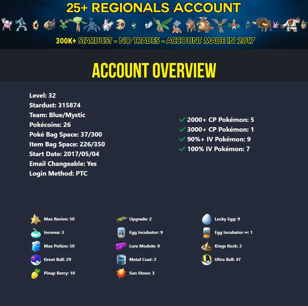 25+ REGIONAL POKEMON 2017 ACCOUNT Level 32 315K+ Stardust PTC COMPLETE ...