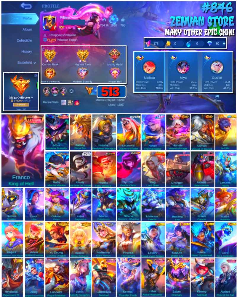 #846 513 Skin ⭐ Legend Franco,Miya Collector Badang, Natalia Ducatti ...
