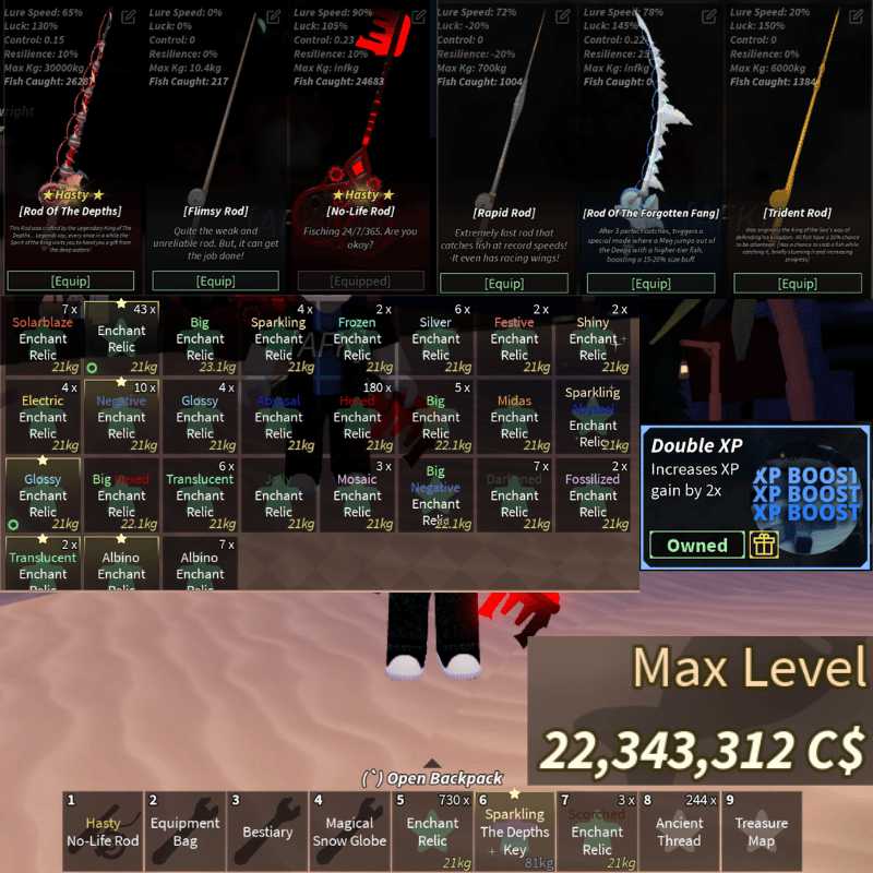 ID280Fisch: Level 750 Max 22M3 C$ X2 Exp - 180x Hexed Relic - Rod of ...
