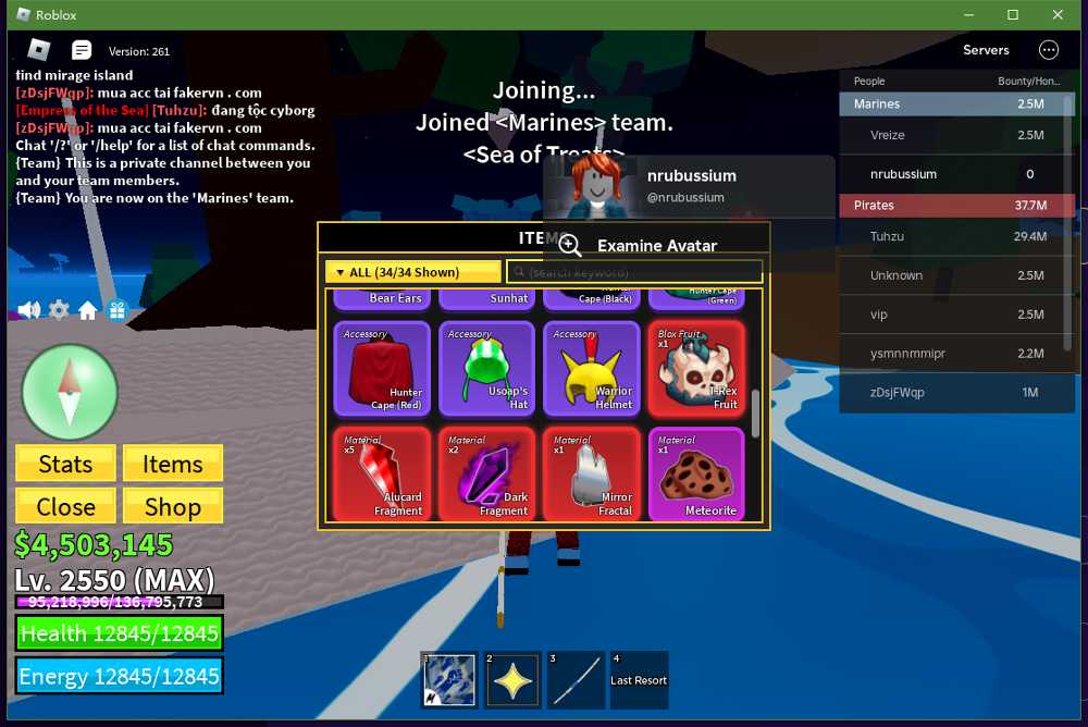 Blox Fruits LV2550+T-Rex Fruit Inventory+Capa