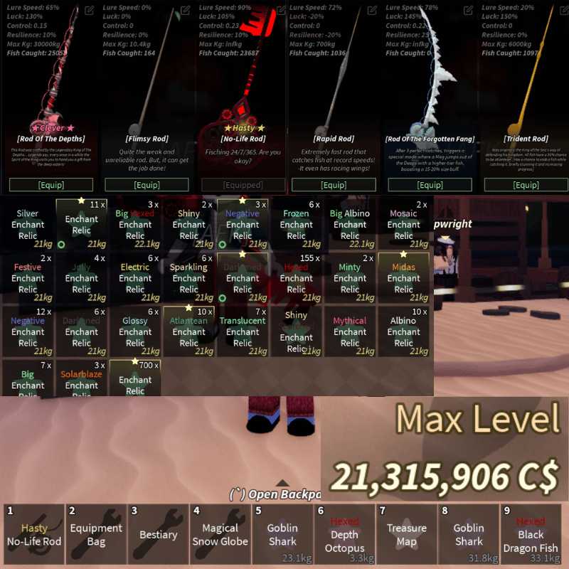 SALEID425Fisch: Level 750 Max 21M C$ X2 Exp - 155x Hexed Relic - Rod of ...