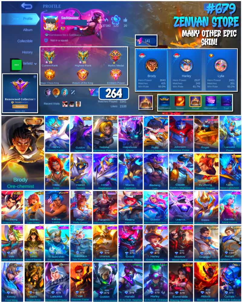 #679 ⭐ 264 Skin ⭐ Collector Brody, Harley, Gusion, Natalia 11.11 ...