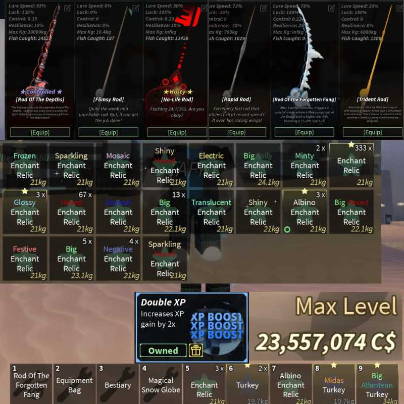 SALEID347Fisch: Level 750 Max 23M5 C$ X2 Exp - 70x Hexed Relic - Rod of ...