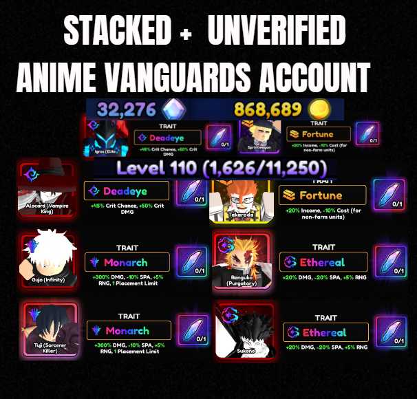 Anime Vanguards STACKED Account Unverified [ AUTOMATIC DELIVERY ] LEVEL ...