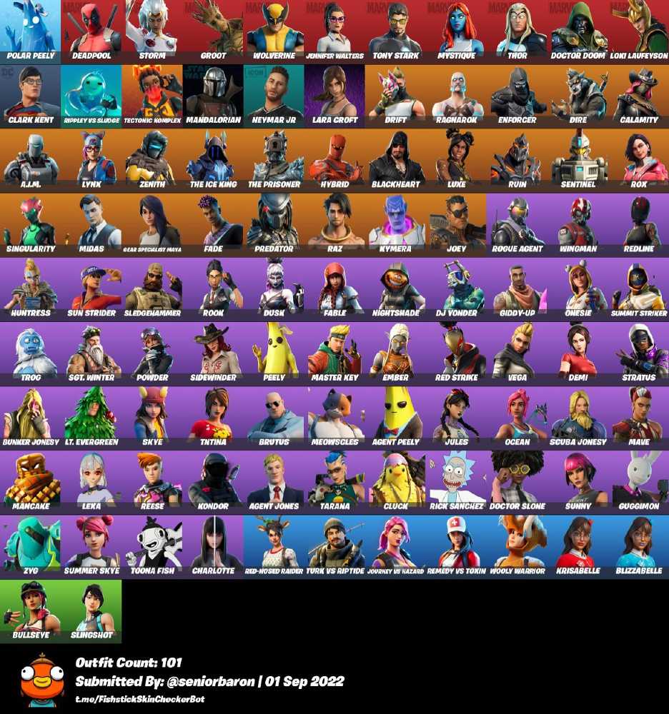 101 skins, polar peely, deadpool, drift, ragnarok, rox, kymera, neymar ...