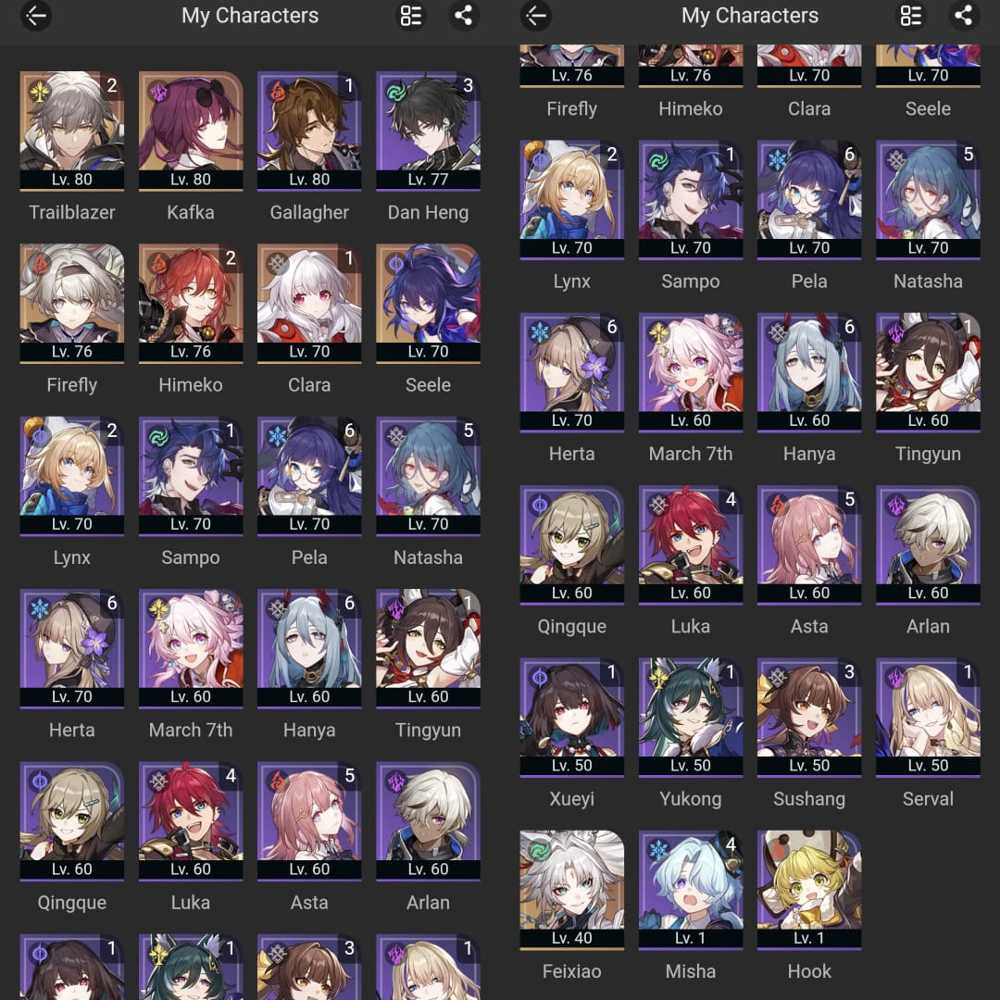 6 character ⭐5 +7 Lightcone/Siganature character ⭐5 Kafka + signature ...