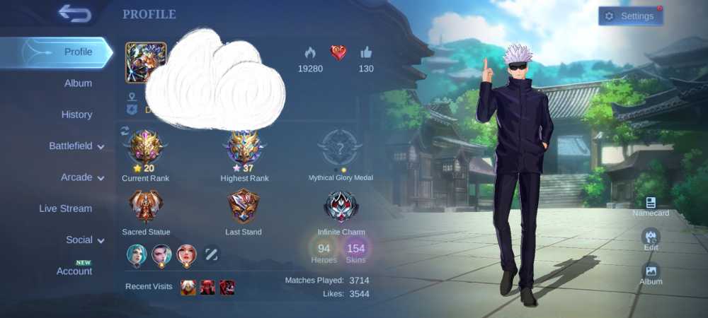 154 Skins. JJK Gojo. 500 DM(400 Coa+30 MW Potion). 2 Anual. 1 Zodiac ...