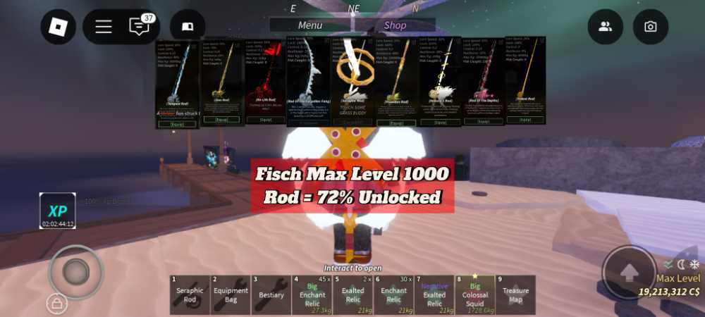 Fisch - Max Level 1000 - 72% rod unlocked - Seraphic Rod, Poseidon Rod ...