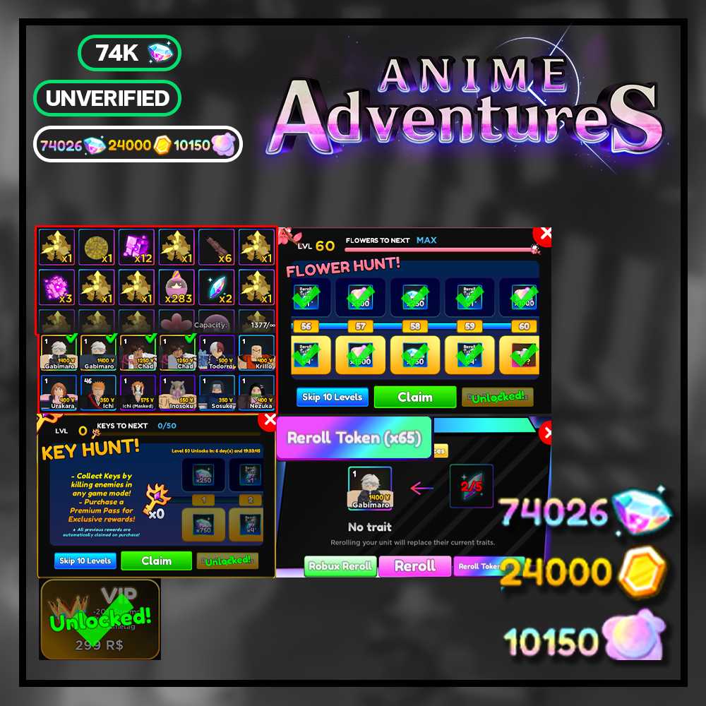 Anime Adventures |74k Gems 65 Reroll Token| 4 Mythic Units | Unverified ...
