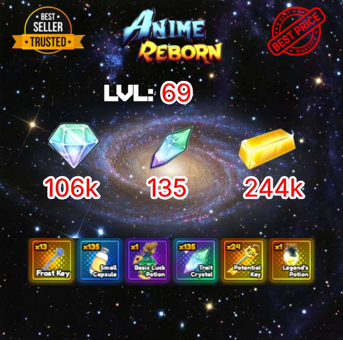 [Auto Delivery]ID 535 - Lv69 - 106K Gems, 135 Traits Crystal,Anime Reborn