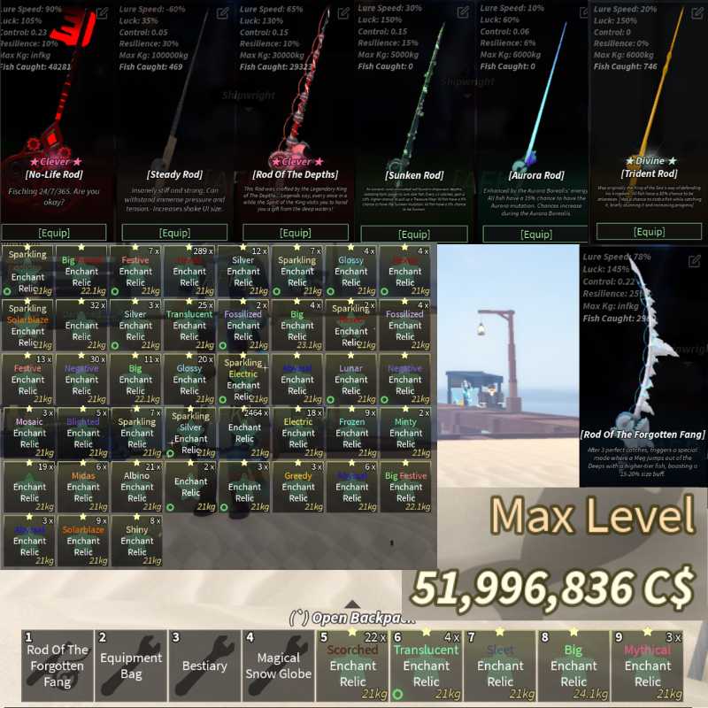 SALEID567Fisch: Level 750 Max 51M C$ - 295x Hexed Relic - Rod of the ...