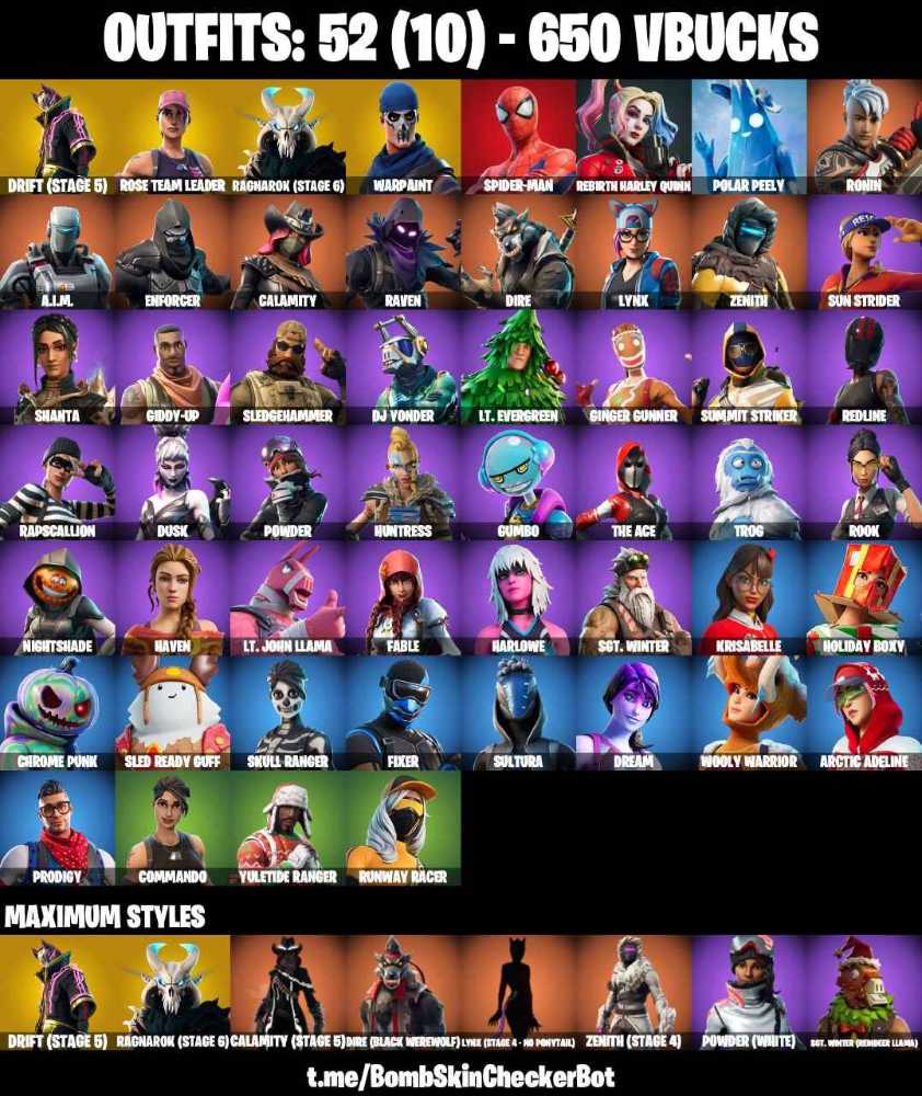 52 SKINS+OG STW+SKULL RANGER+RAPSCALLION+SPIDER-MAN+DRIFT(STAGE 5)+LYNX ...