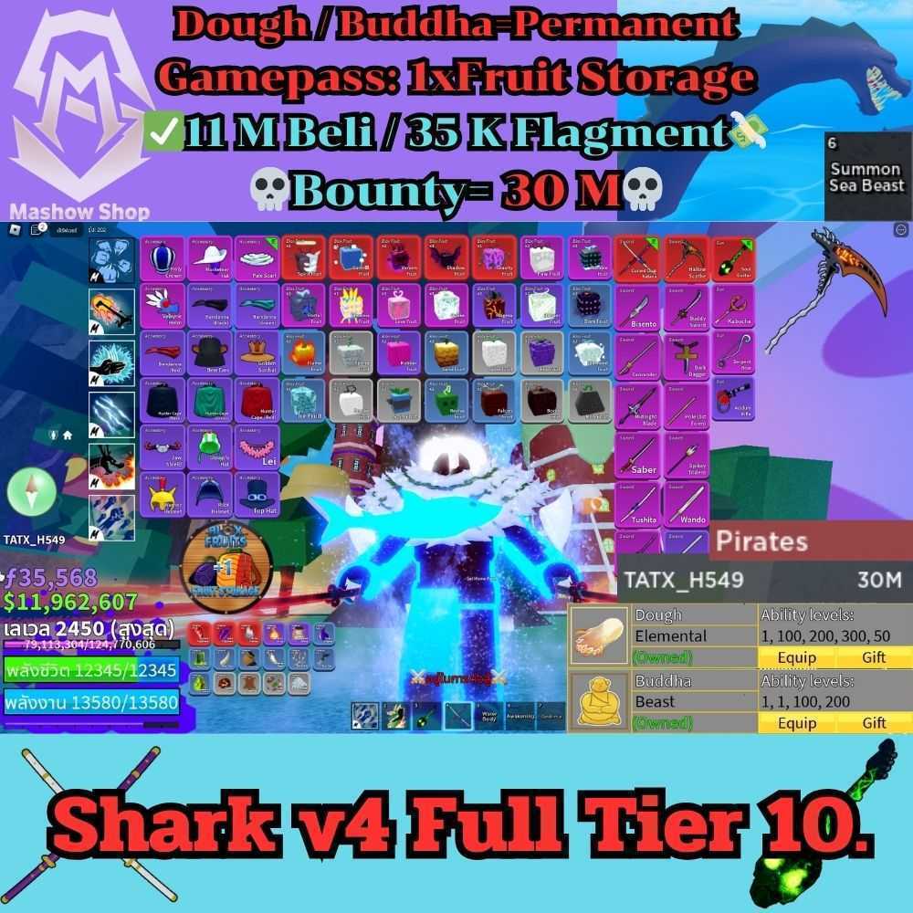 Bounty= 30 MRace Shark V4 Full Tier 10Dough / Buddha=Permanent Gamepass ...