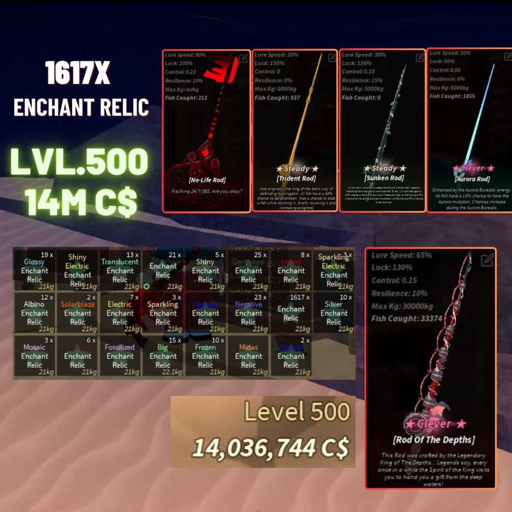 [Fisch] ID75: Level 500 14M2 C$ - 1617x Enchant Relic - Rod of the ...