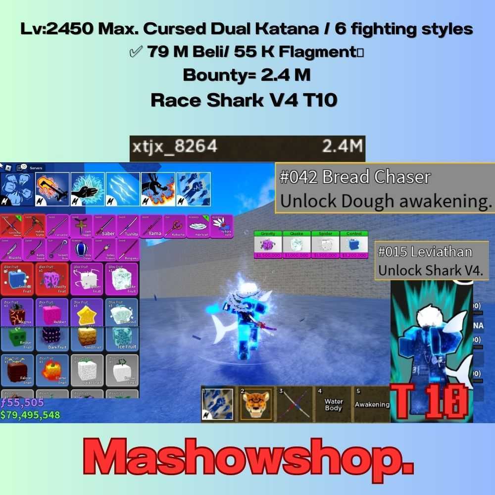 Race V4 Shark V4 tier 10 Leoprad,Dough AWAKENING Lv:2450 Max. Cursed ...