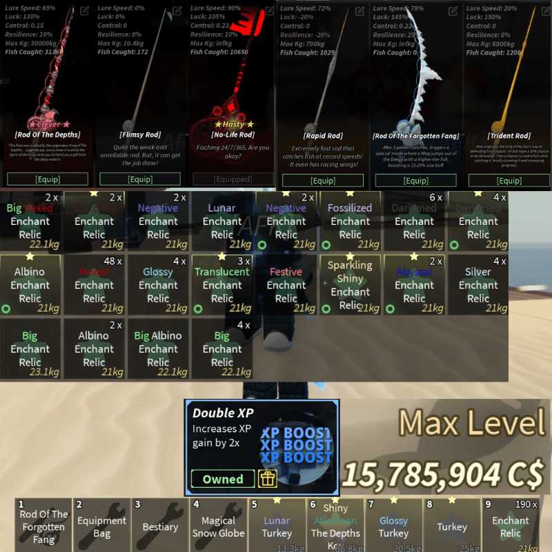 SALEID344Fisch: Level 750 Max 15M7 C$ X2 Exp - 50x Hexed Relic - Rod of ...