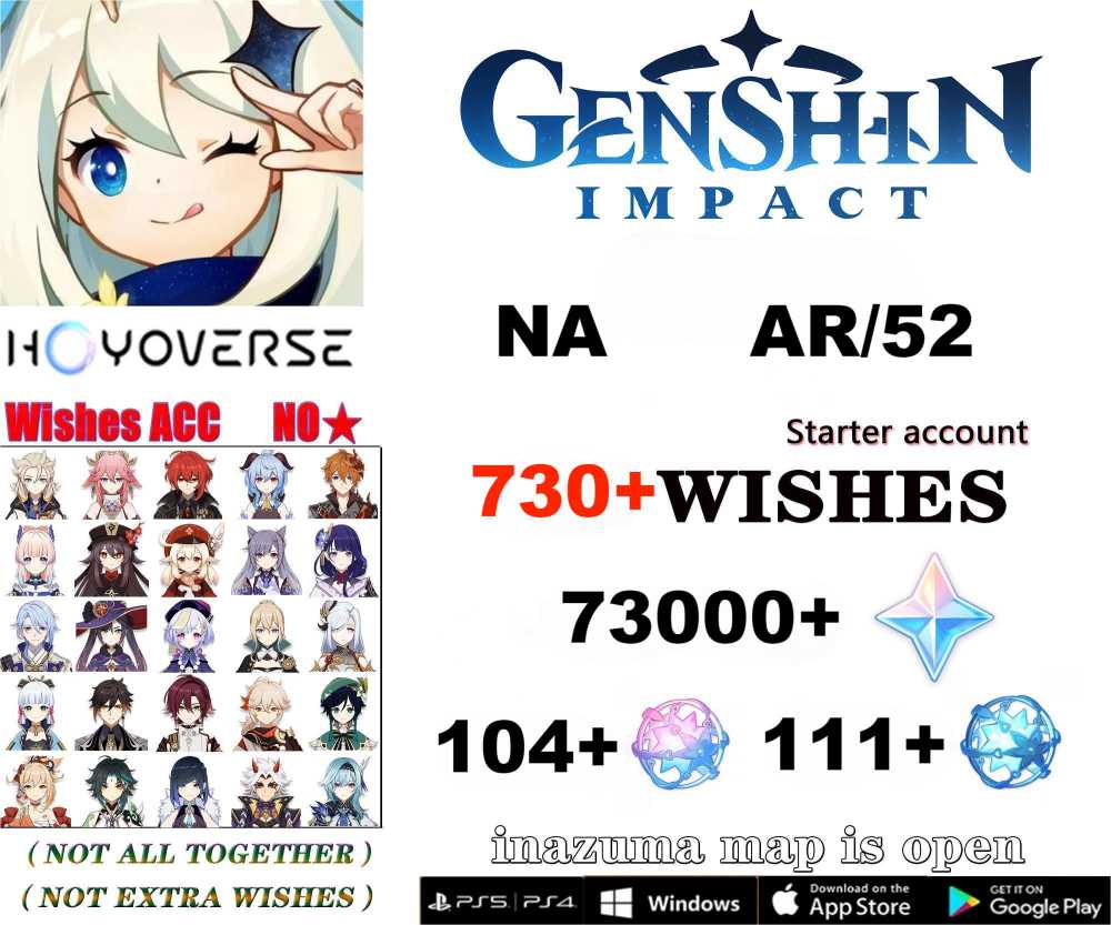 730+Wishes Accounts\NA\AR52 \72350+ Primogem 105 Intertwined Fate 110 Acquaint Fate Genshin ...