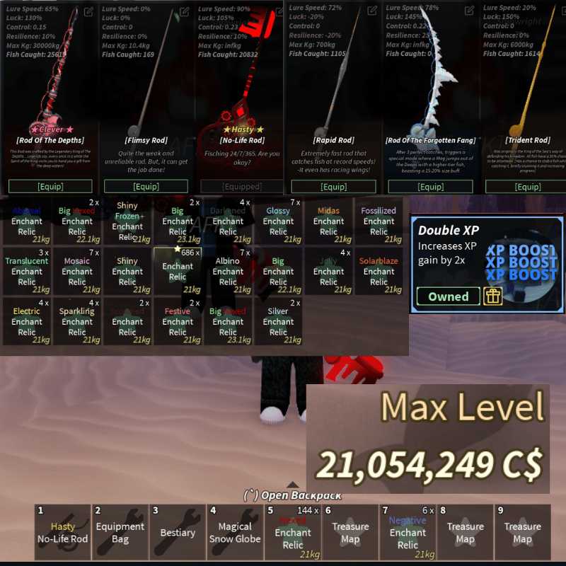 SALEID298Fisch: Level 750 Max 21M C$ X2 Exp - 145x Hexed Relic - Rod of ...