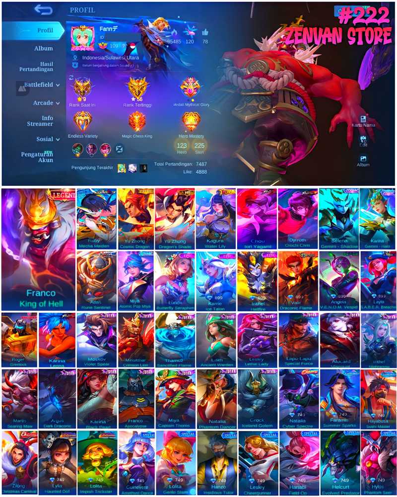 #222 ⭐ Account Mobile Legend GG ⭐ 123 Hero Skin 225 ⭐ Legend Franco ...
