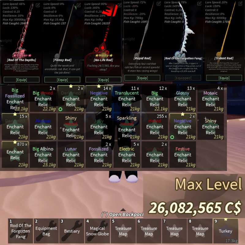 SALEID374Fisch: Level 750 Max 26M C$ X2 Exp - 255x Hexed Relic - Rod of ...