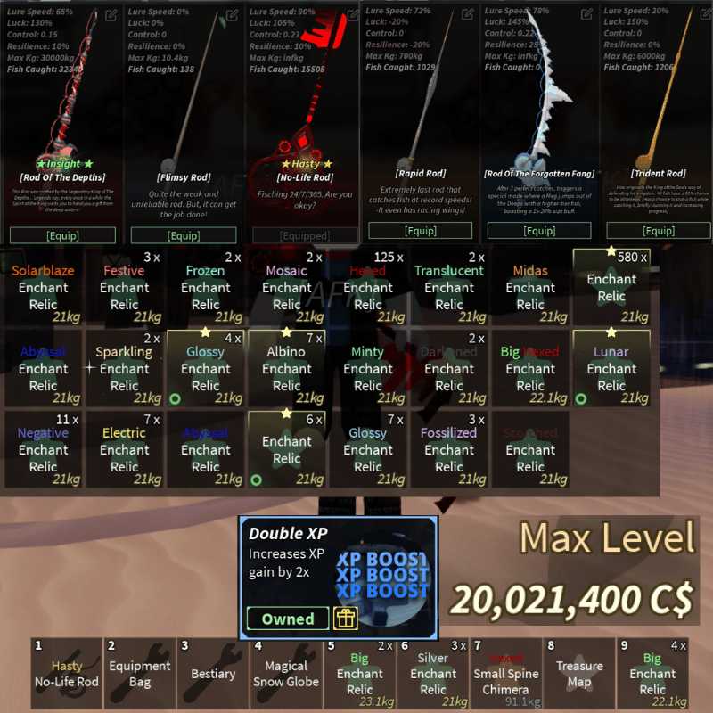 SALEID338Fisch: Level 750 Max 20M C$ X2 Exp - 140x Hexed Relic - Rod of ...