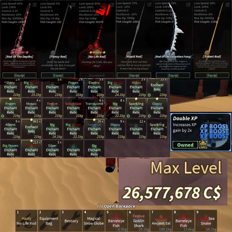ID282Fisch: Level 750 Max 26M5 C$ X2 Exp - 215x Hexed Relic - Rod of ...