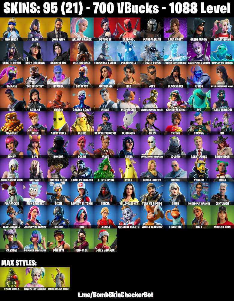95 skins | Glow , Ariana Grande , Lara Croft , Harley Quinn , Neo Versa ...