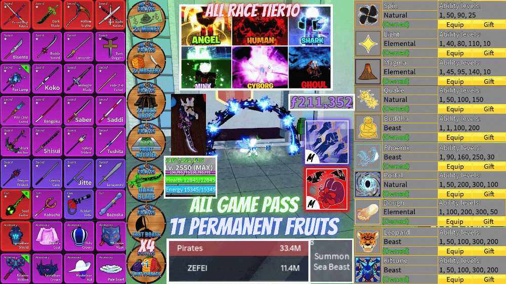 BloxFruit God Tier Account All Sword All Race V4Tier10 All Game Pass ...