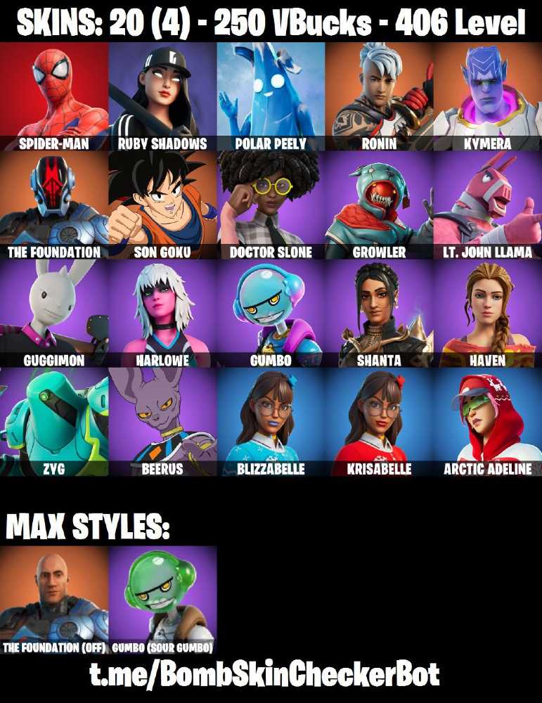 PC/PSN/XBOX 20 SKINS Spider Man , The Foundation Max , Ronin , Son Goku ...