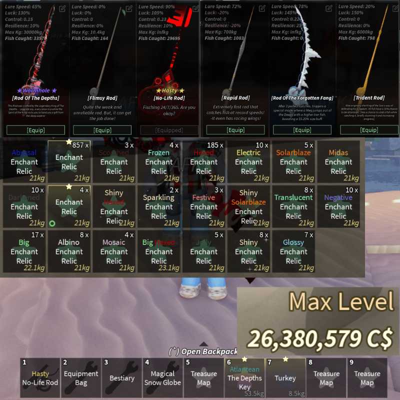 SALEID398Fisch: Level 750 Max 26M C$ X2 Exp - 185x Hexed Relic - Rod of ...
