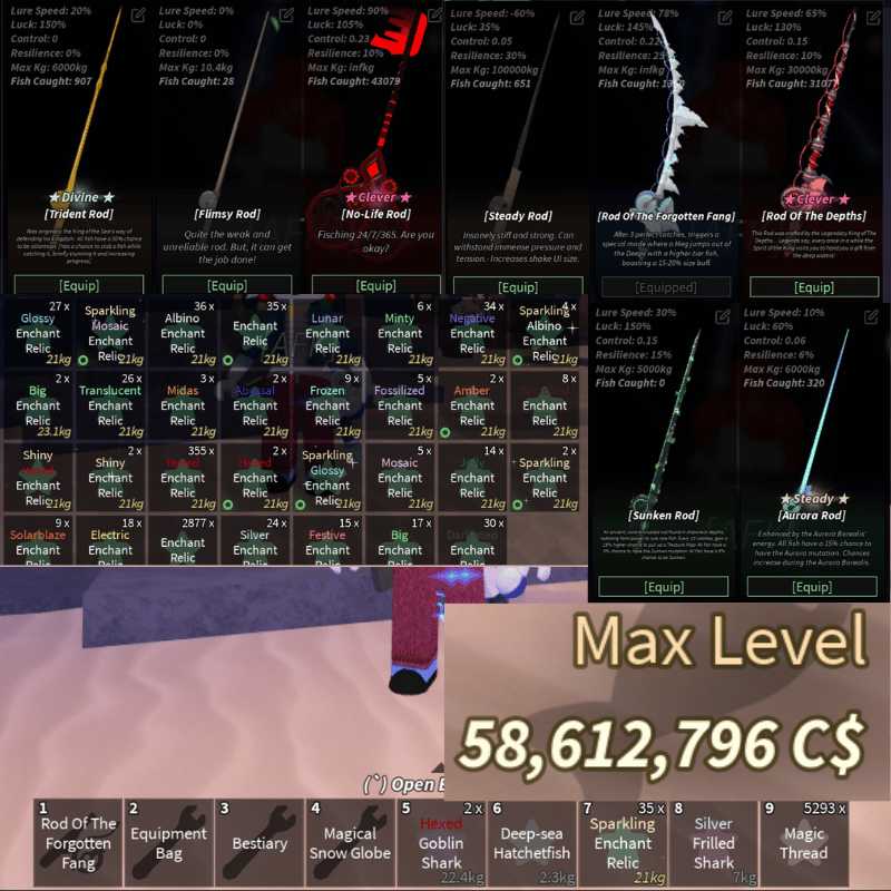 SALEID413Fisch: Level 750 Max 58M C$ - 355x Hexed Relic - Rod of the ...