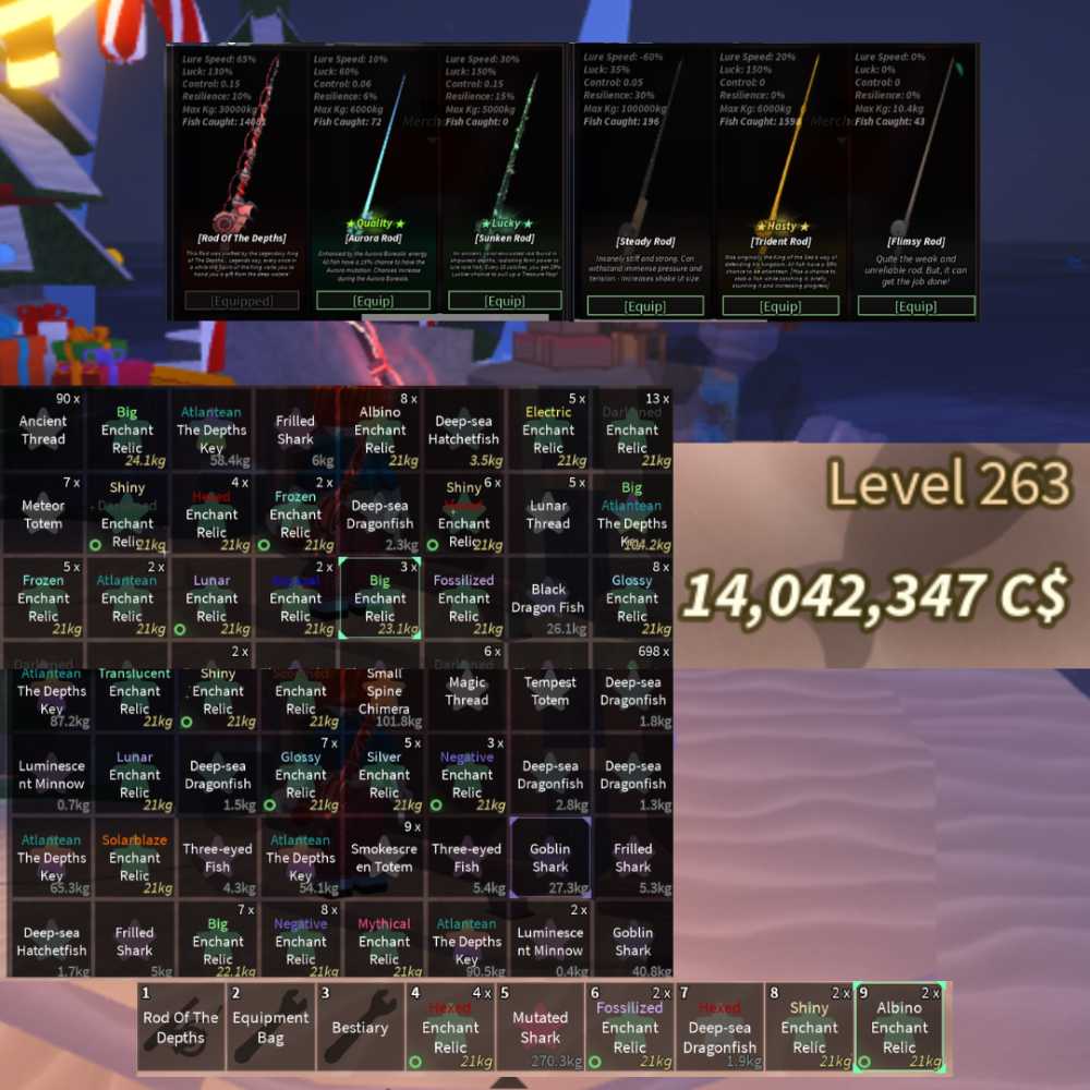 ID 55Fisch: Level 263- 14m C$ - ,- Sunken Rod-Aurora Rod -Trident rod ...