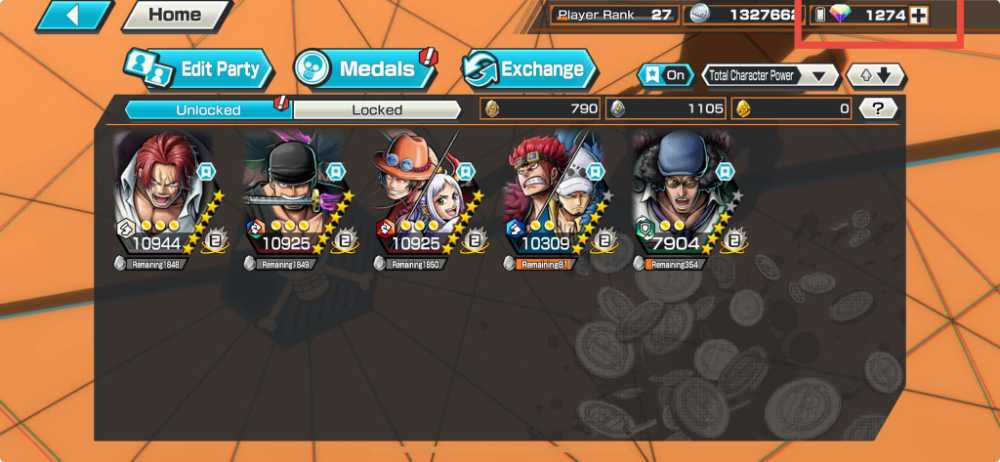 [2480] [ IOS ONLY ] 5 EX + 1274 GEMS IOS / Kuzan + Kid And Law + Ace ...