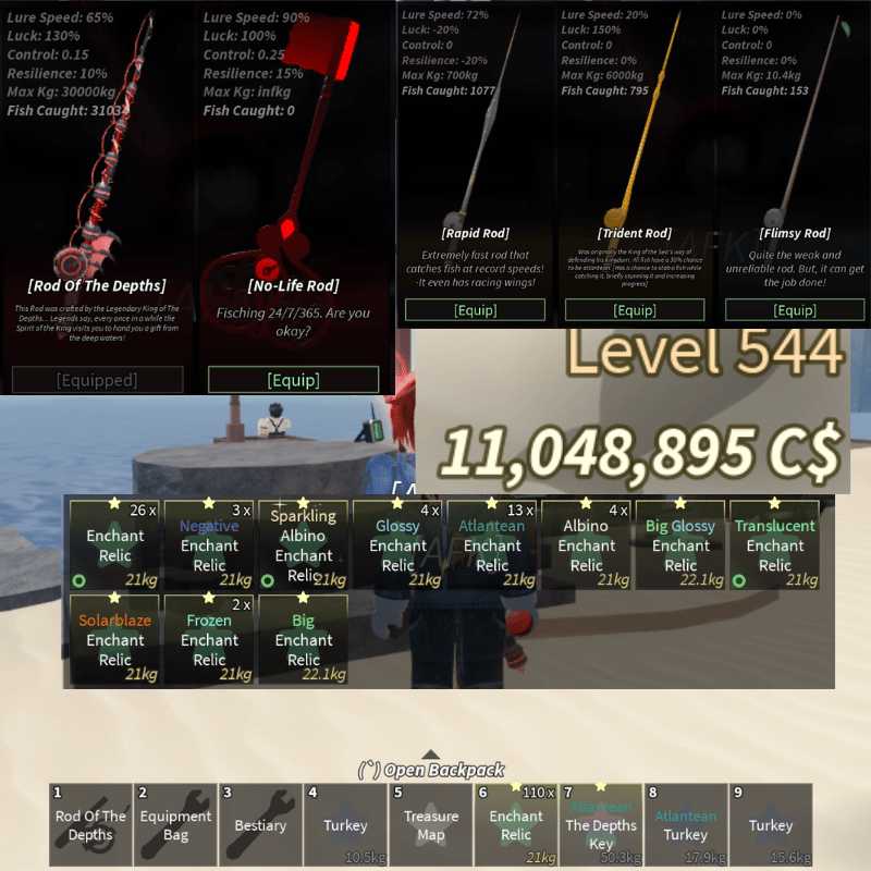 ID261Fisch: Level 544 11M C$ - Relic - No-Life Rod,Rod of the Depths ...