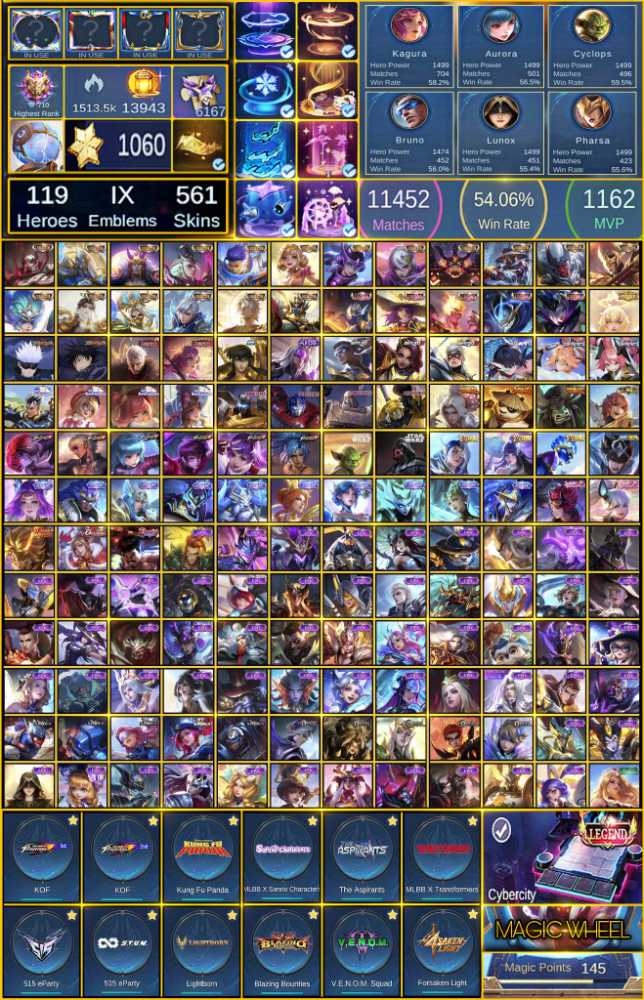 561 Skins| 18 Collector Skins| Premium MLBB Account