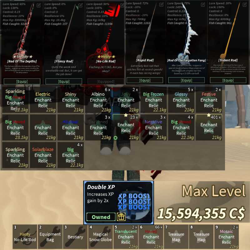 SALEID334Fisch: Level 750 Max 15M5 C$ X2 Exp - 70x Hexed Relic - Rod of ...