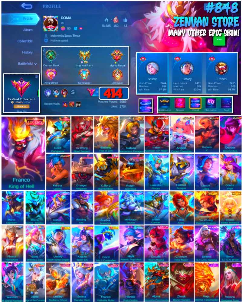 #848 414 Skin ⭐ Legend Franco, Gord Collector Yu Zhong, Badang, Natalia ...