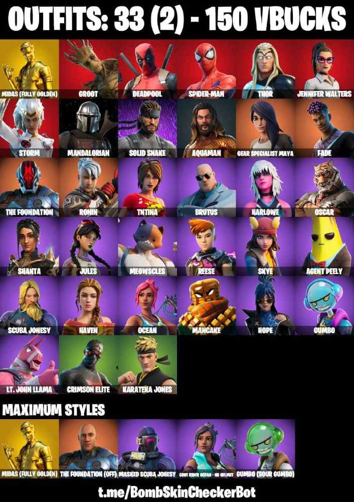 33 SKINS+GOLDEN MIDAS+MANDALORIAN+SPIDER-MAN+GUMBO(MAX)+MAYA+JULES+HOPE ...