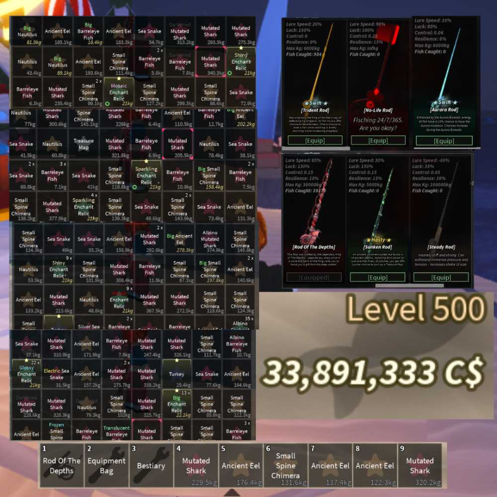 ID 76Fisch: Level 500 - 33m C$ - ,-No life-Rod--Trident rod- Rod of the Depths Instant Delivery