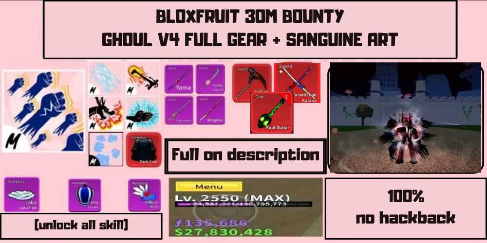 [Blox Fruits] 30M BOUNTY FULL GEAR Ghoul V4 + GODHUMAN | LEVEL MAX 2550