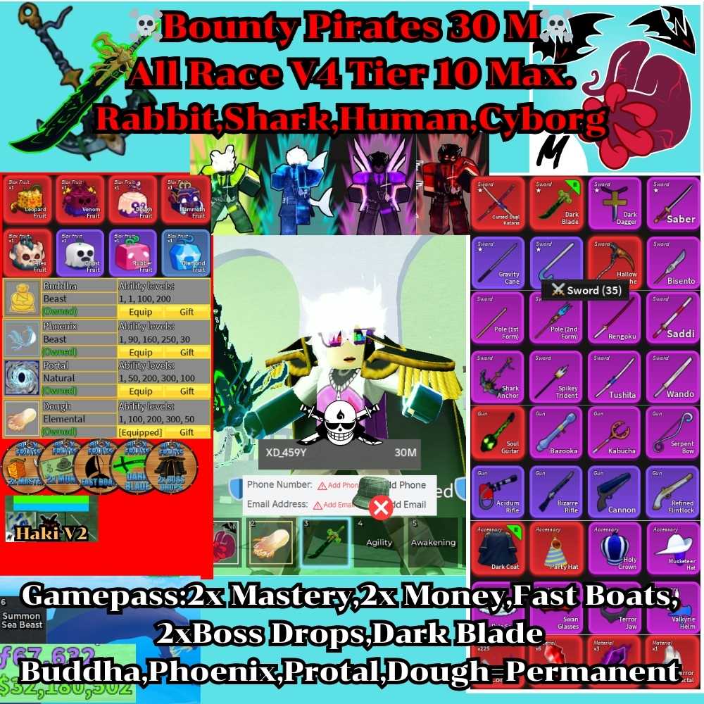 Blox Fruit Bounty Pirates 30M Lv:2550 Max.Buddha,Phoenix,ProtalmDough ...