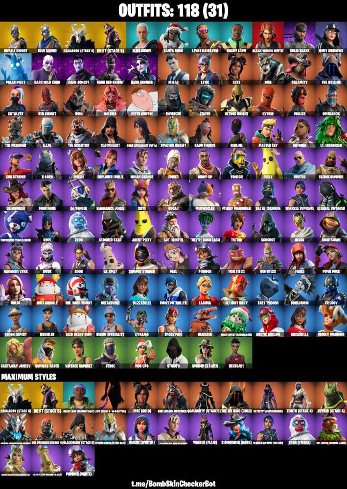 118 Skins Royale Knight, Blue Squire, Hot Marat, The Worm, Rust Bucket, Candy Axe, Reaper Axe ...