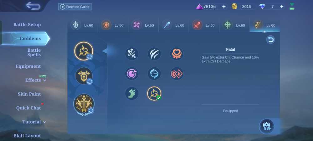 ML account full emblem 120 heroes 174 skins