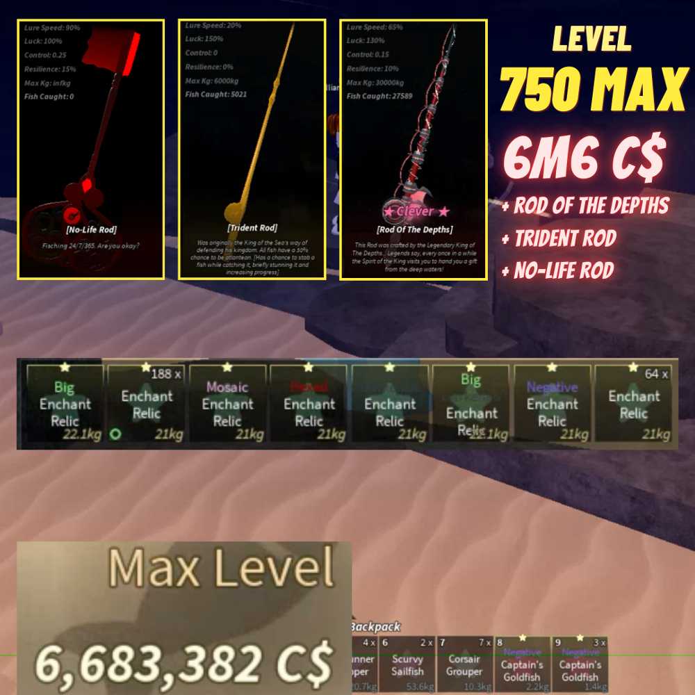 [Fisch] ID24: Level 750 Max 6M6 C$ - No-Life Rod, Rod of the Depths ...