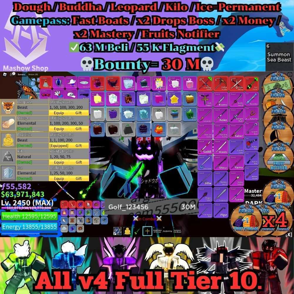 Bounty= 30 MAll v4 Full Tier 10 Dough / Buddha / Leopard / Kilo / Ice=Permanent Gamepass: Fast ...